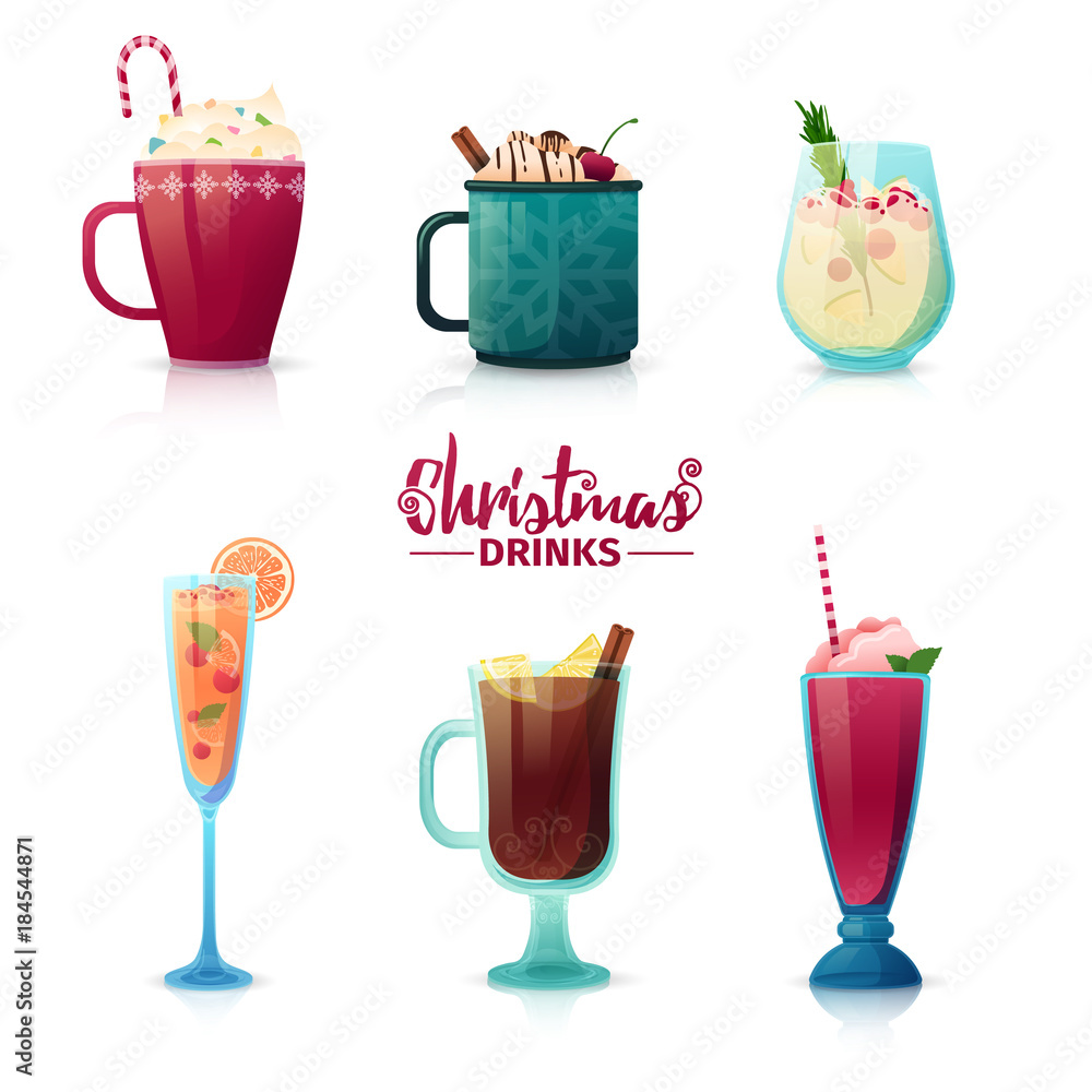 Set of design of Christmas drinks in cartoon style. Mulled wine, hot ...