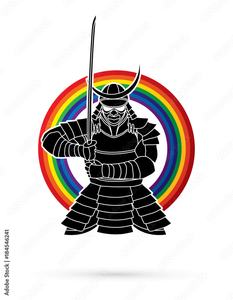 Samurai standing front view ready to fight designed on rainbow ...