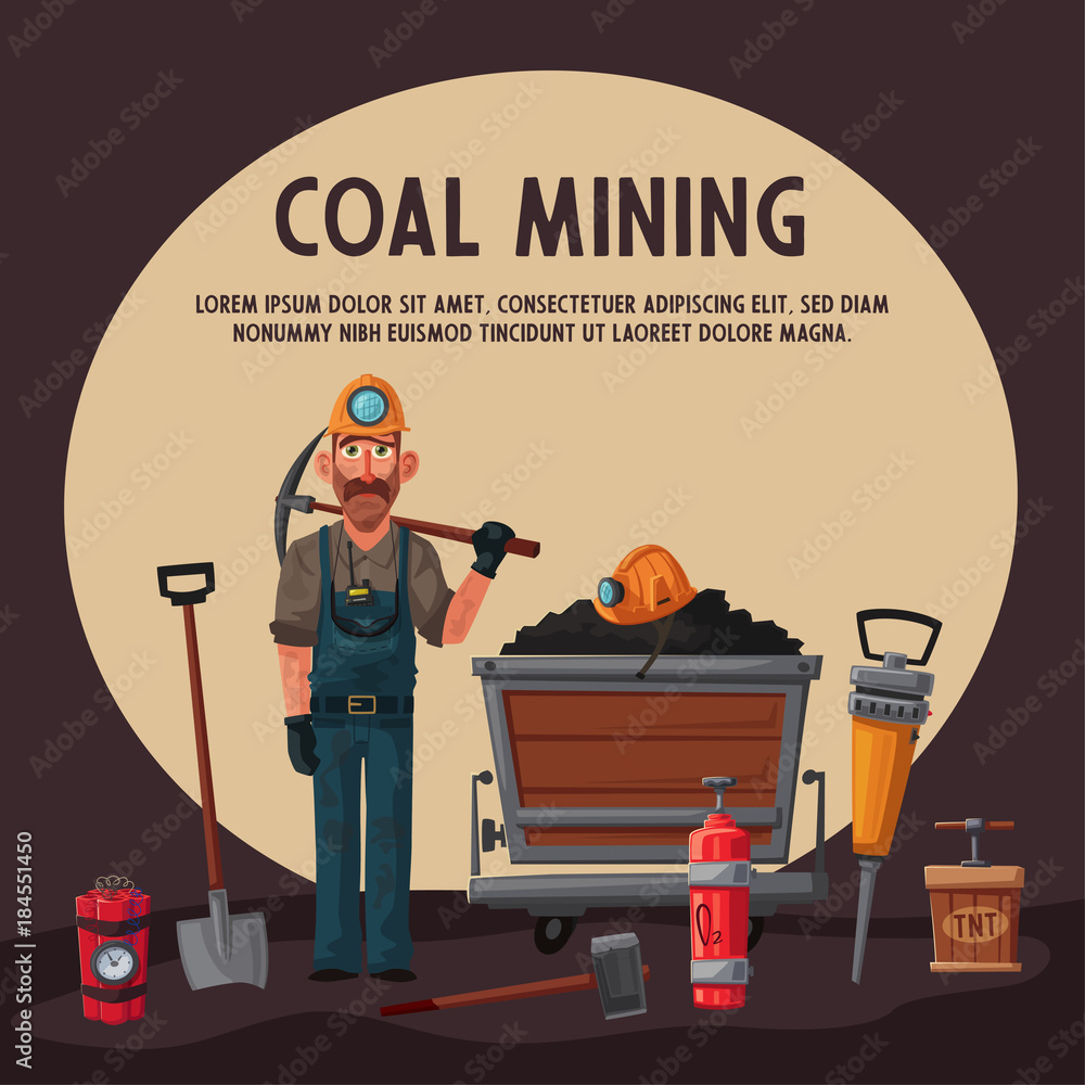 Coal mining. Miner character and tools. Cartoon vector illustration ...