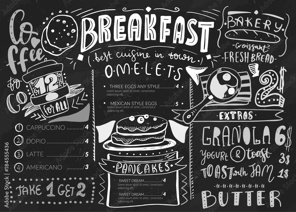 Breakfast menu design template. Modern lettering with sketch icons of ...