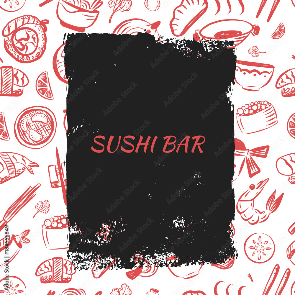 Japanese cafe menu banner with grunge stain and doodle icon pattern ...