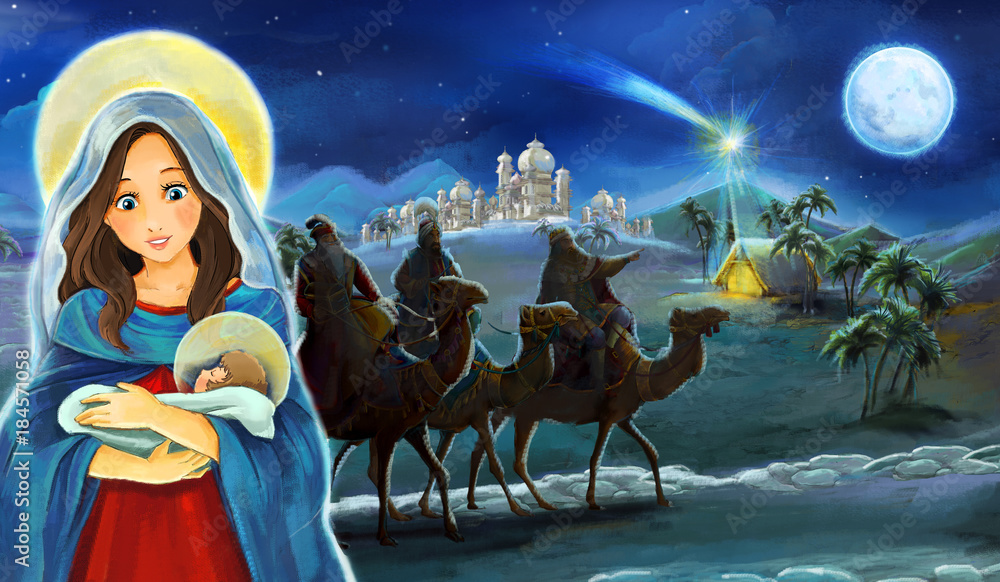 Cartoon scene with Mary and Jesus Christ and traveling kings ...