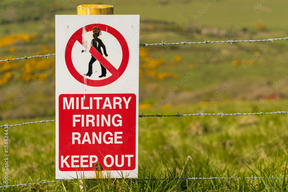 Sign: Military firing range keep out, seen on the South West Coast Path ...