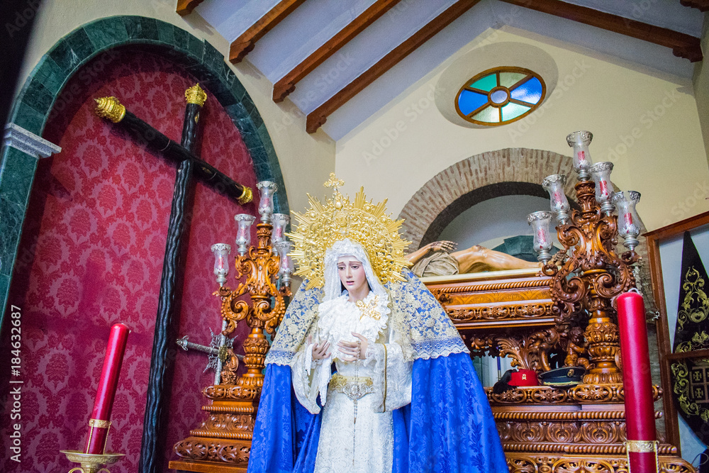 a shot taken of a statue of the virgin Mary inside a church in Marbella ...