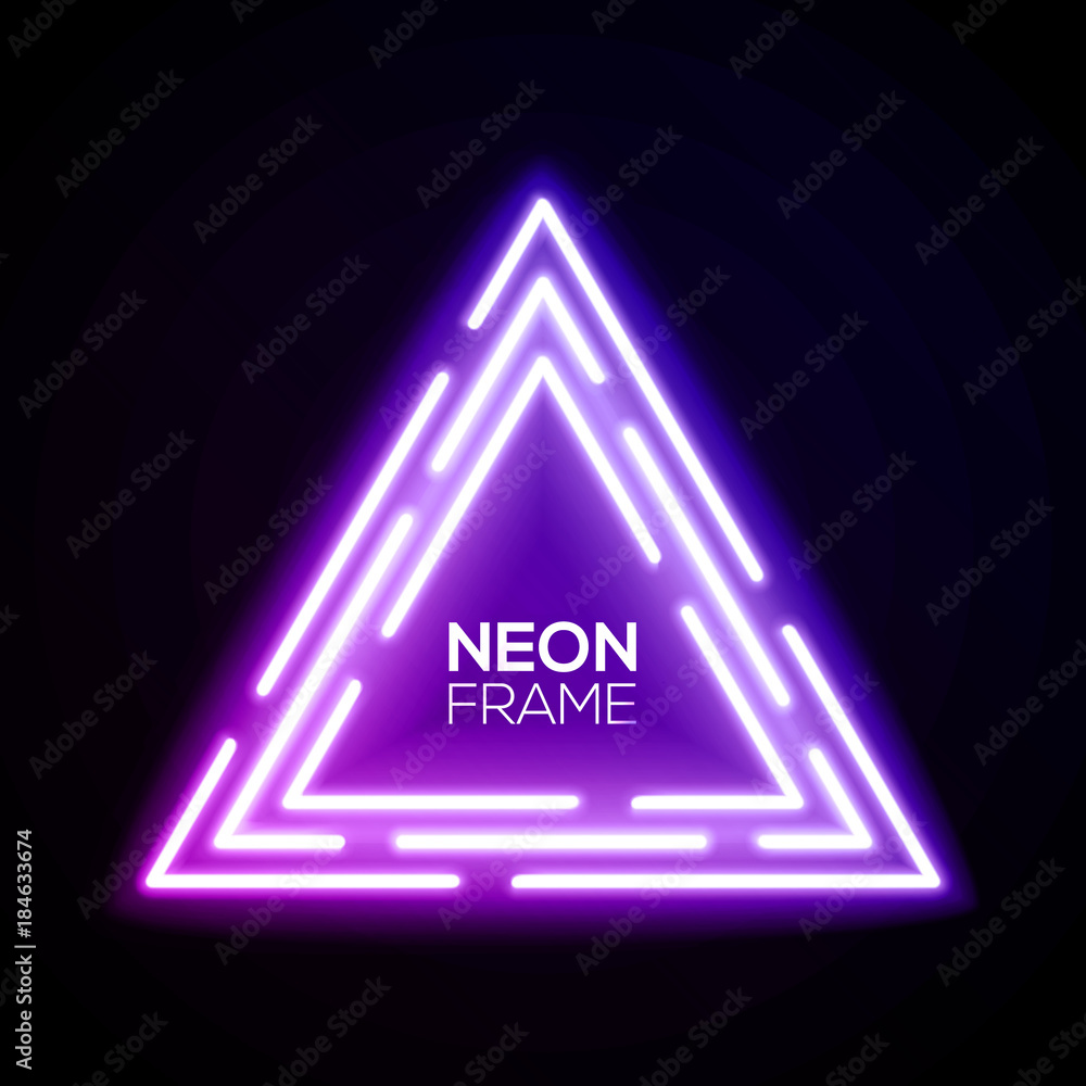 Purple neon light triangles. Shining techno frame. Night club electric ...