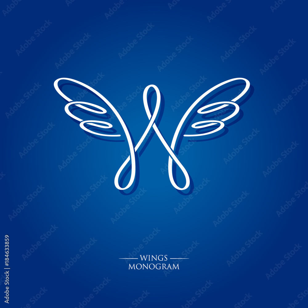 W letter. W monogram. Wings logo. The letter w with wings on a blue ...