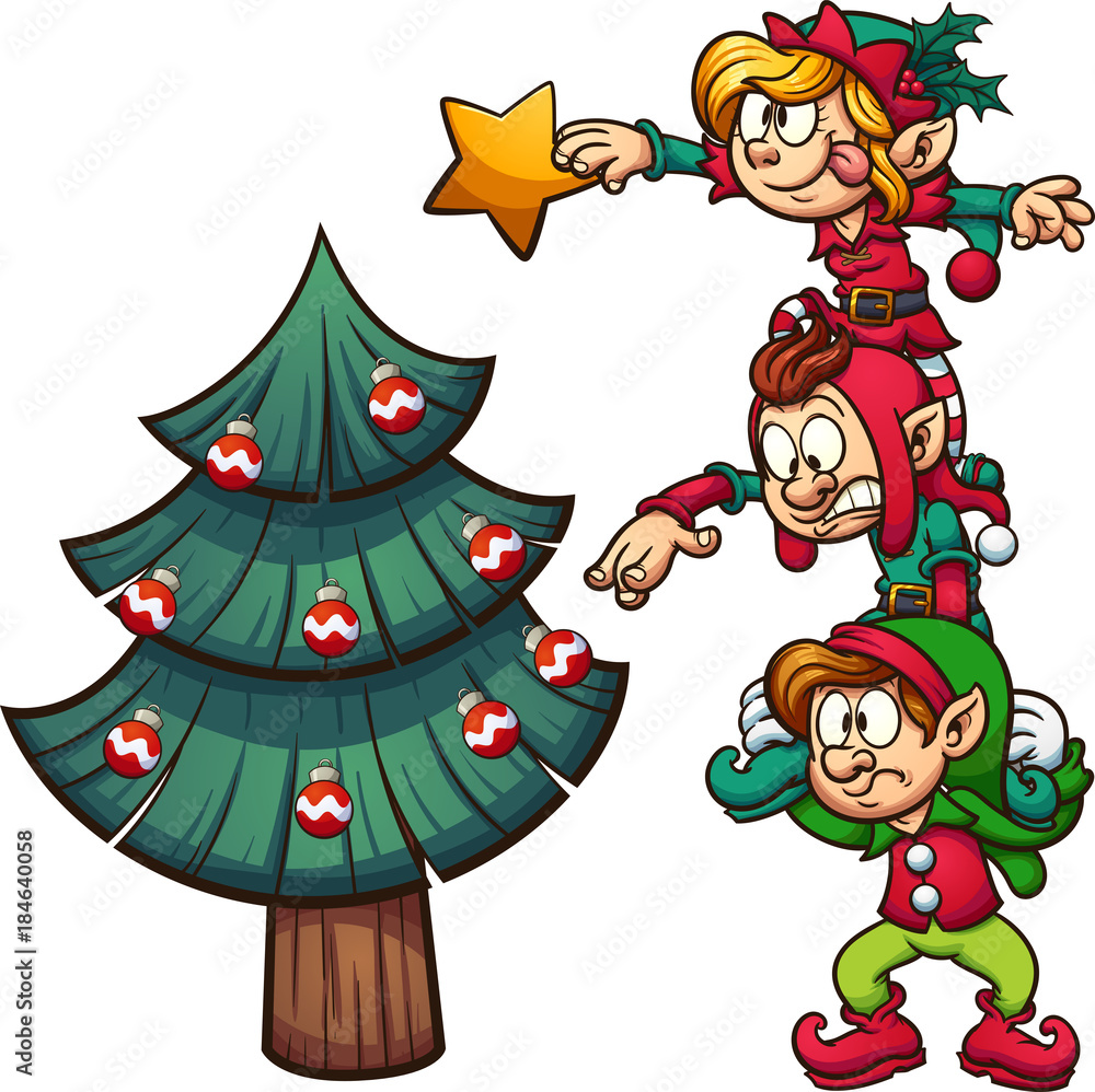 Cartoon elves standing on each other, decorating a Christmas Tree ...