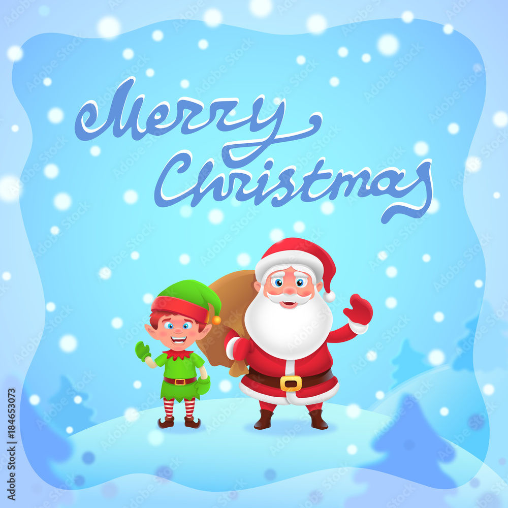 Merry Christmas. Santa and elf in snow scene. Beautiful christmas scene ...
