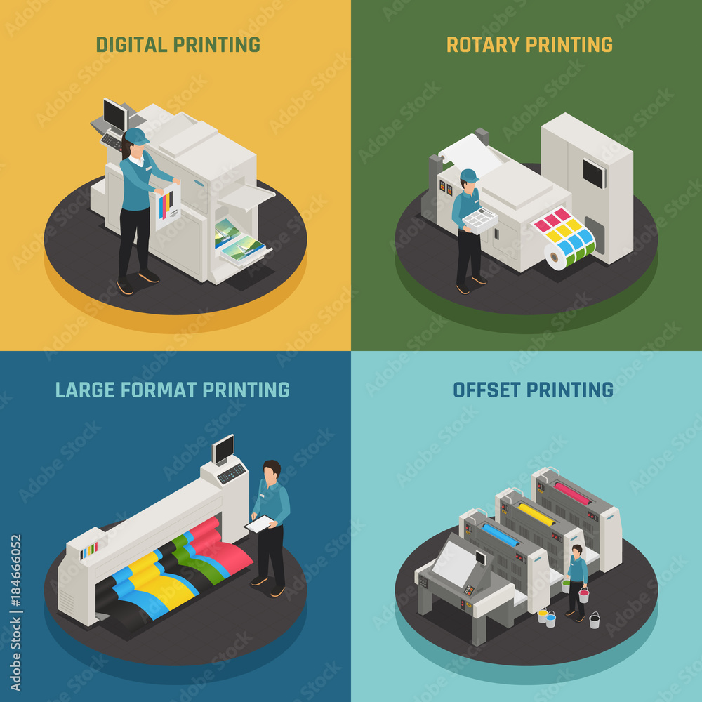 Printing House 4 Isometric Icons Stock Vector | Adobe Stock