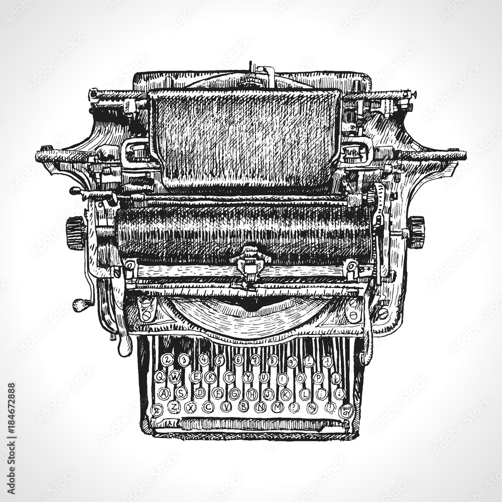 Vintage typewriter drawing ink isolated on white background ...