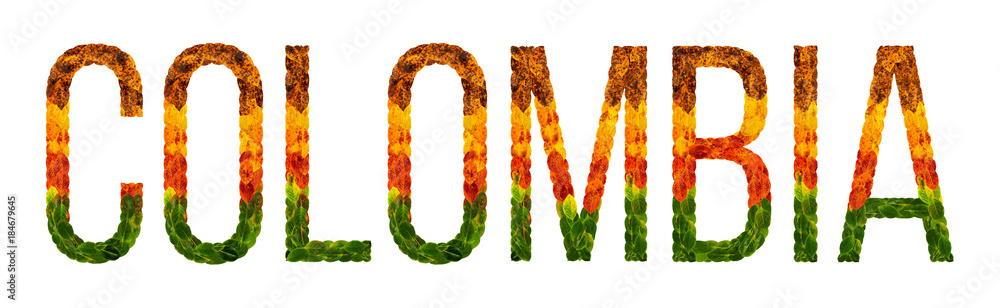 word colombia country is written with leaves on a white insulated ...