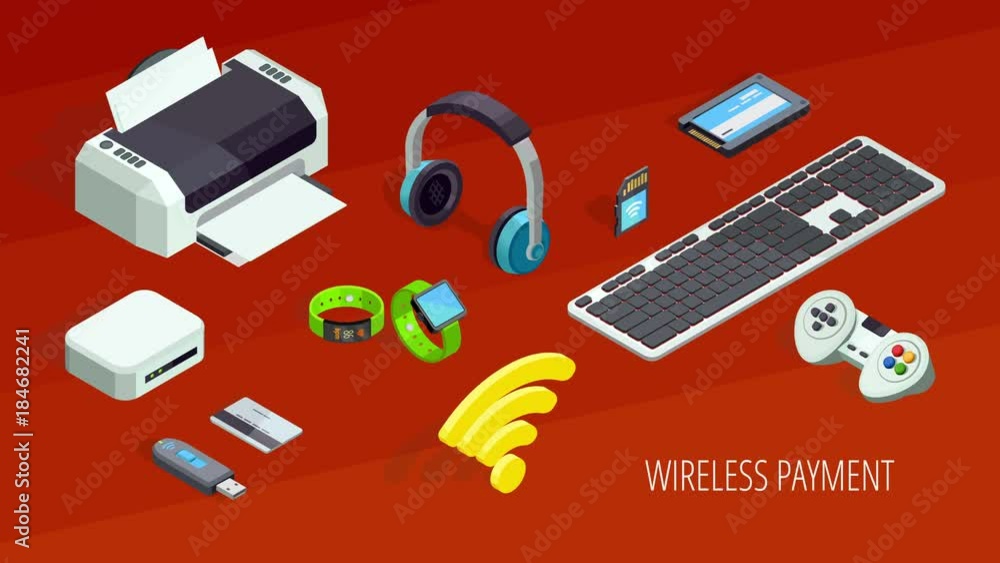 Wireless payment concept with electronic gadgets and devices isometric ...