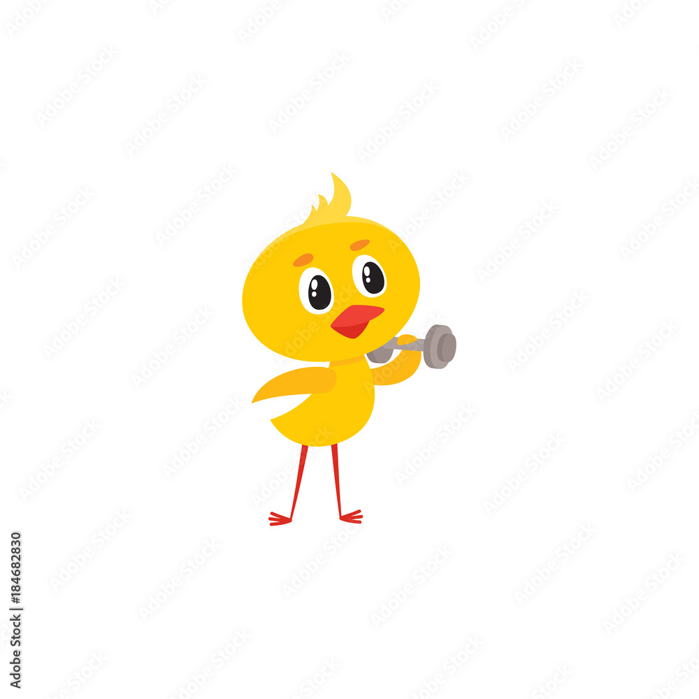 Happy cute baby chicken character doing sport exercises, training with ...