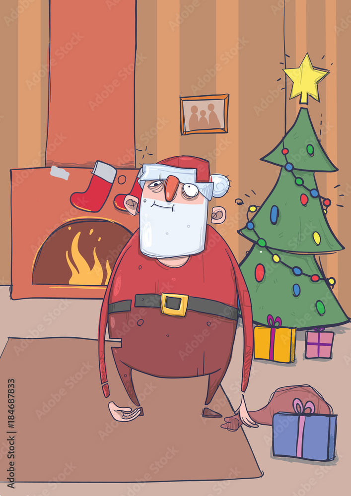 Funny drunk Santa Claus with a bag stands in a room with decoreted ...