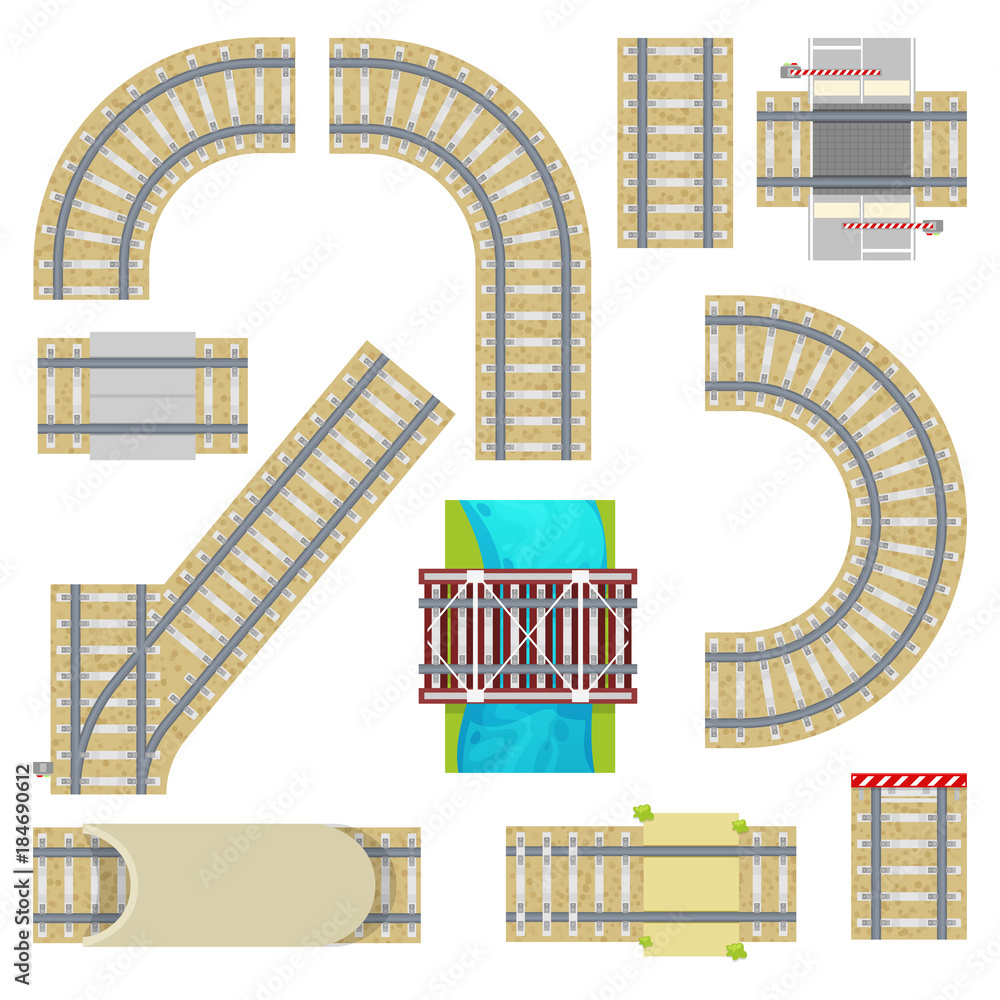 Railway vector railroad tracks top view curvy road straight rail or way ...