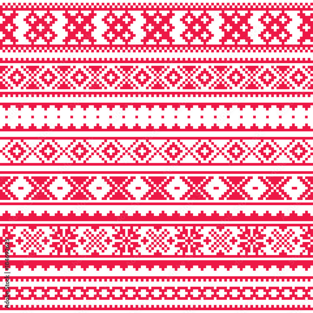 Lapland traditional red folk art design, Sami vector seamless pattern ...