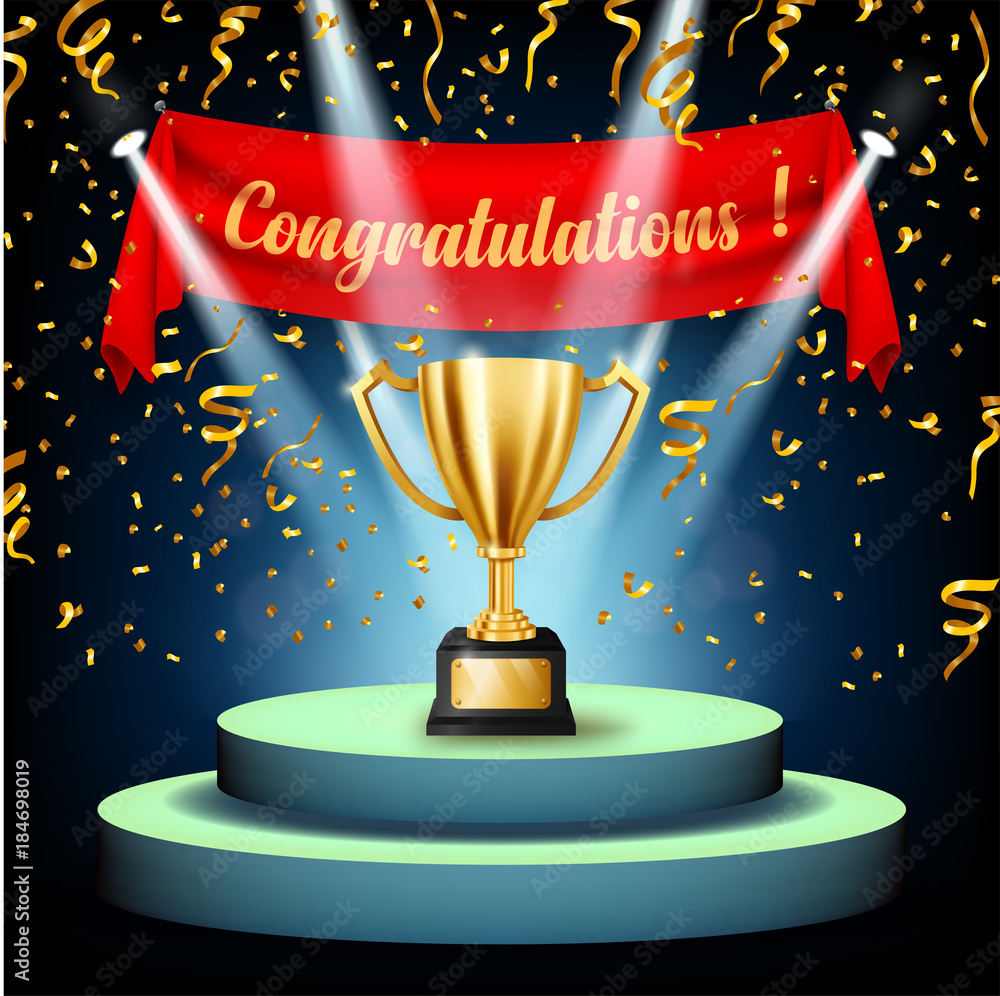 Realistic Golden Trophy with congratulations text on textile banner on ...