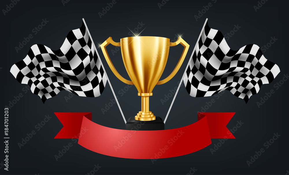 Realistic Golden Trophy with Checkered flag racing championship ...