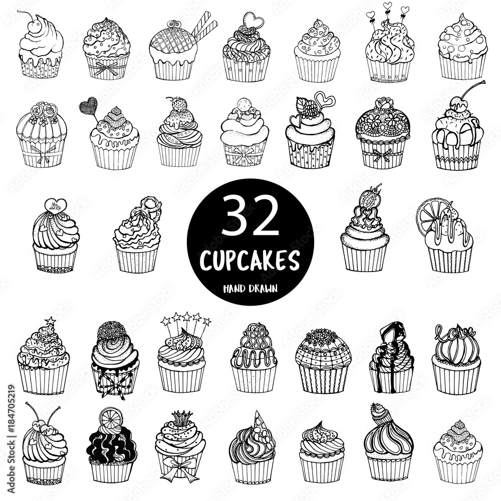 Hand drawn sketch set of cupcakes. Vector illustration isolated on white background. Stock ...