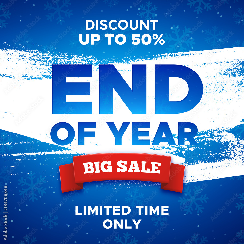 End Of Year Sale promo vector background with red ribbon and white ...