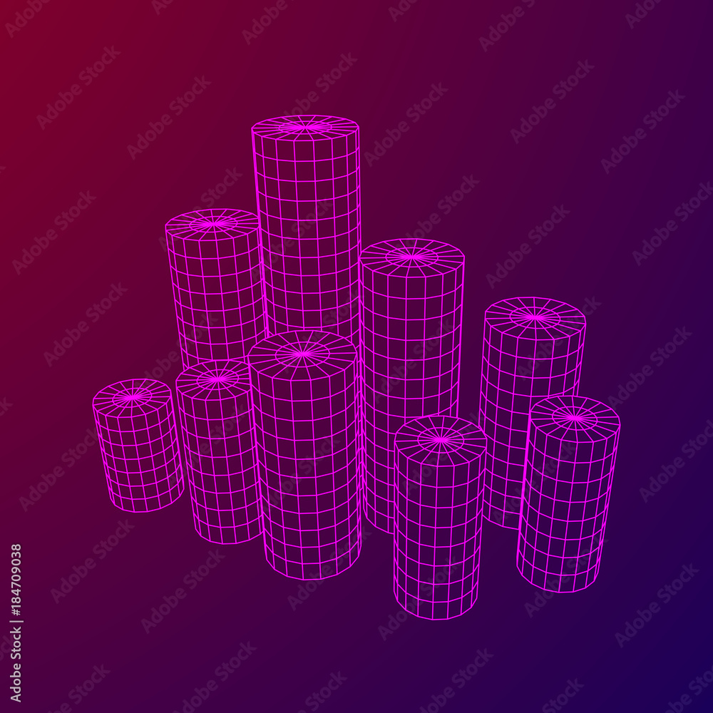 Mesh low poly wireframe Cylinder array like skyscraper city. Connected ...
