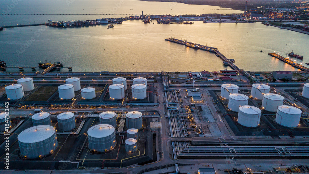 Aerial view oil terminal is industrial facility for storage of oil and ...