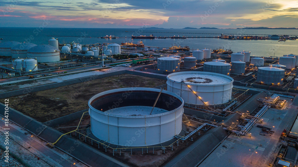 Aerial view oil terminal is industrial facility for storage of oil and ...