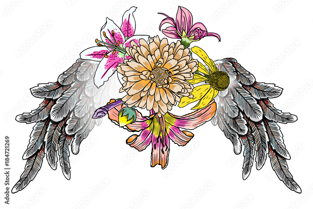 Ornate fashioned wings and elegant vintage flower bouquet, isolated ...