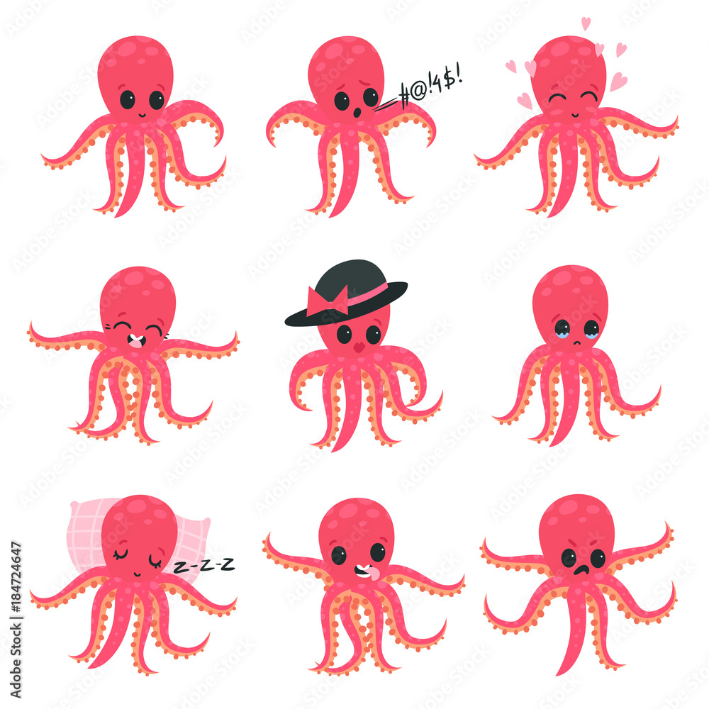 Set of little pink octopus showing various emotions and actions ...