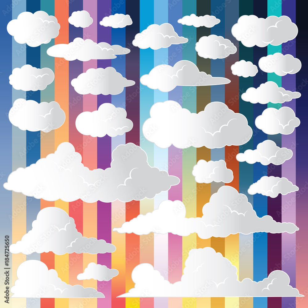 Set of funny cartoon clouds, Clouds on sky color gradient Background ...