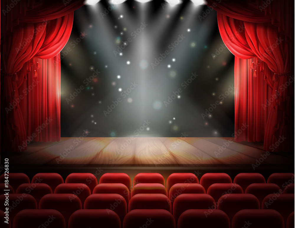 Open red curtain and empty illuminated theatrical stage with falling ...
