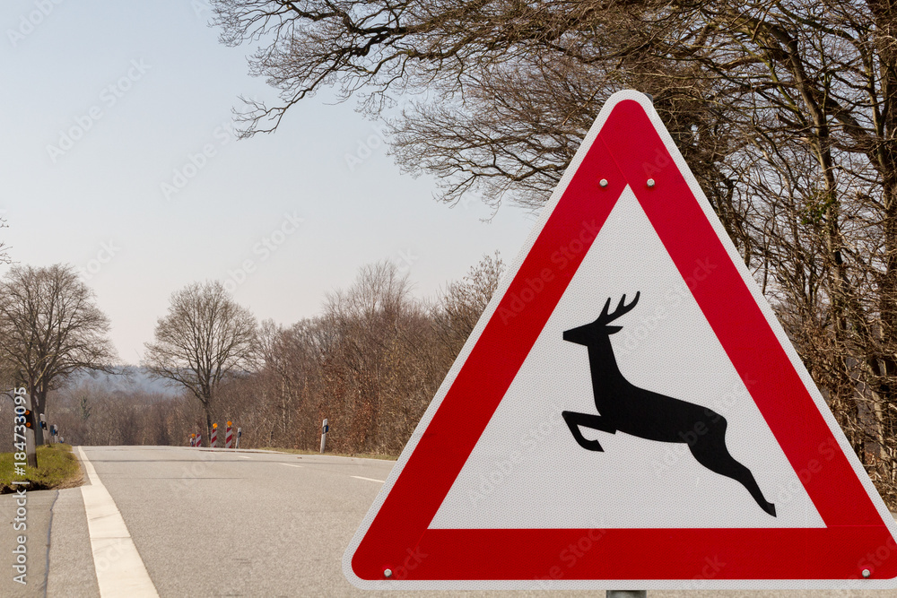 Straße mit Verkehrsschild Achtung Wildwechsel Stock Photo | Adobe Stock