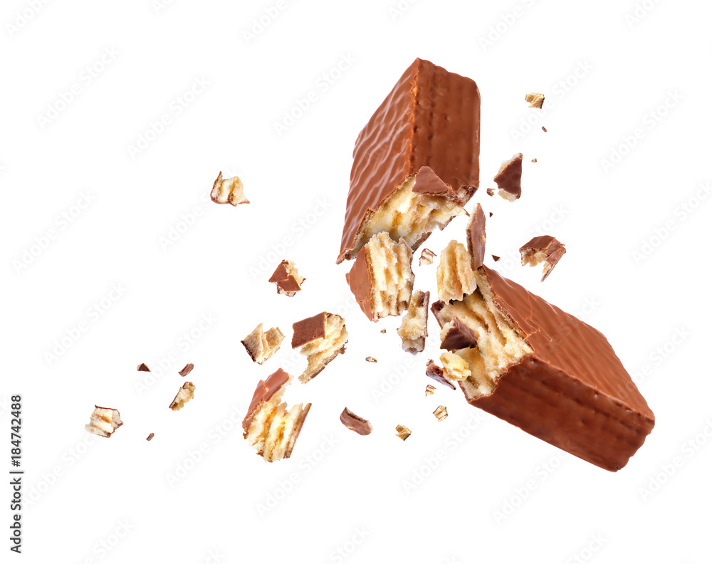 Chocolate waffle broken into two parts isolated on white background ...