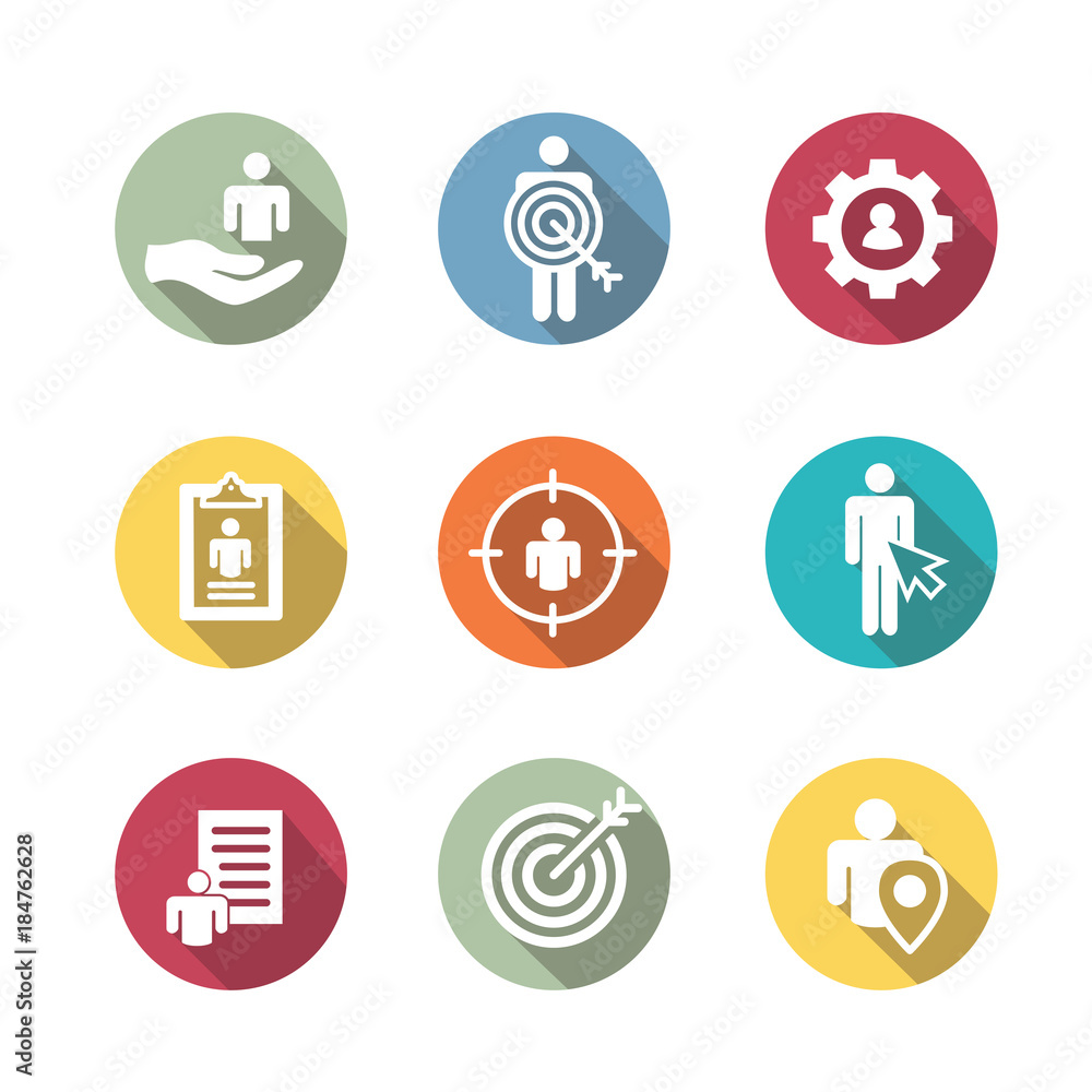 Target market icons of buyer image and persona - gear, arrow, nurturing ...