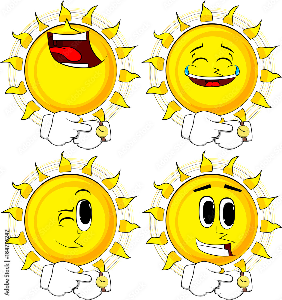 Cartoon sun checking his watch. Collection with happy faces ...
