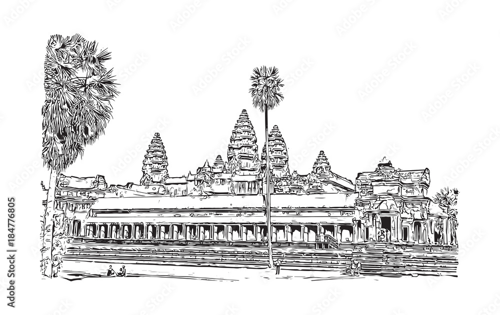 Angkor Wat Temple, Cambodia. Hand drawn sketch illustration in vector ...