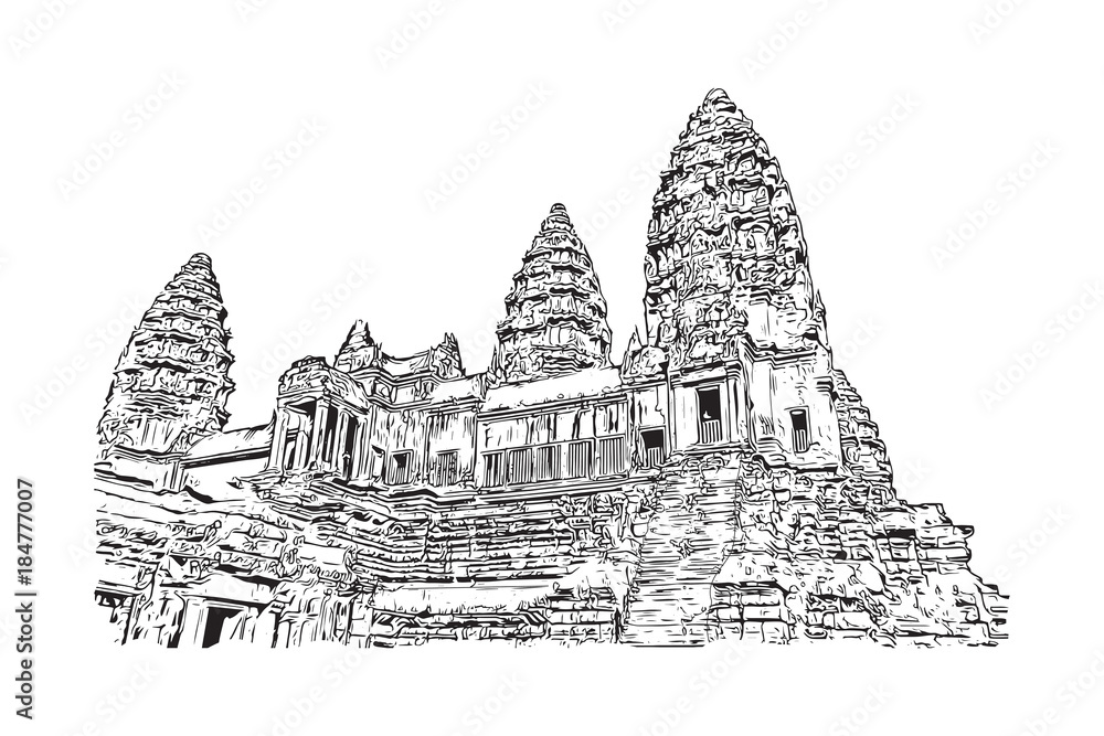 Angkor Wat Temple, Cambodia. Hand drawn sketch illustration in vector ...