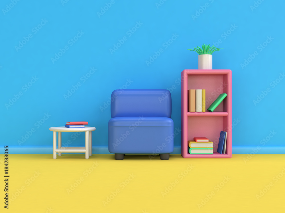 blue room scene yellow floor abstract cartoon style sofa bookshelf ...
