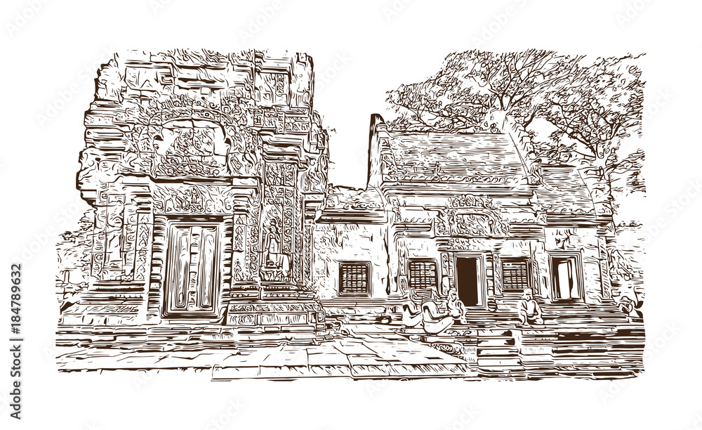 Angkor Wat Temple, Cambodia. Hand drawn sketch illustration in vector ...