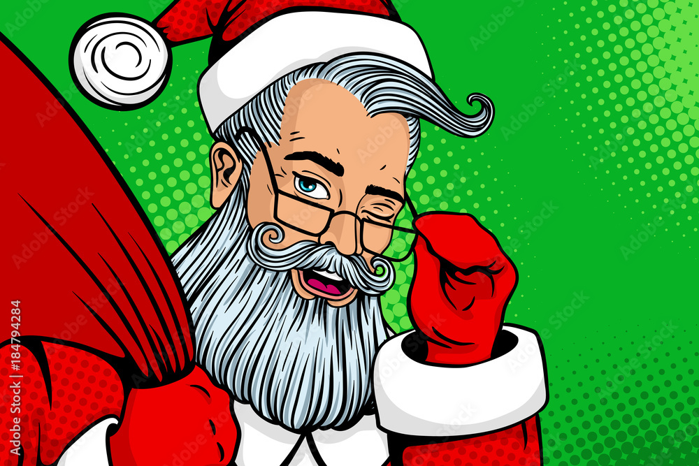 Wow pop art Santa Claus in red costume with happy face and open mouth ...