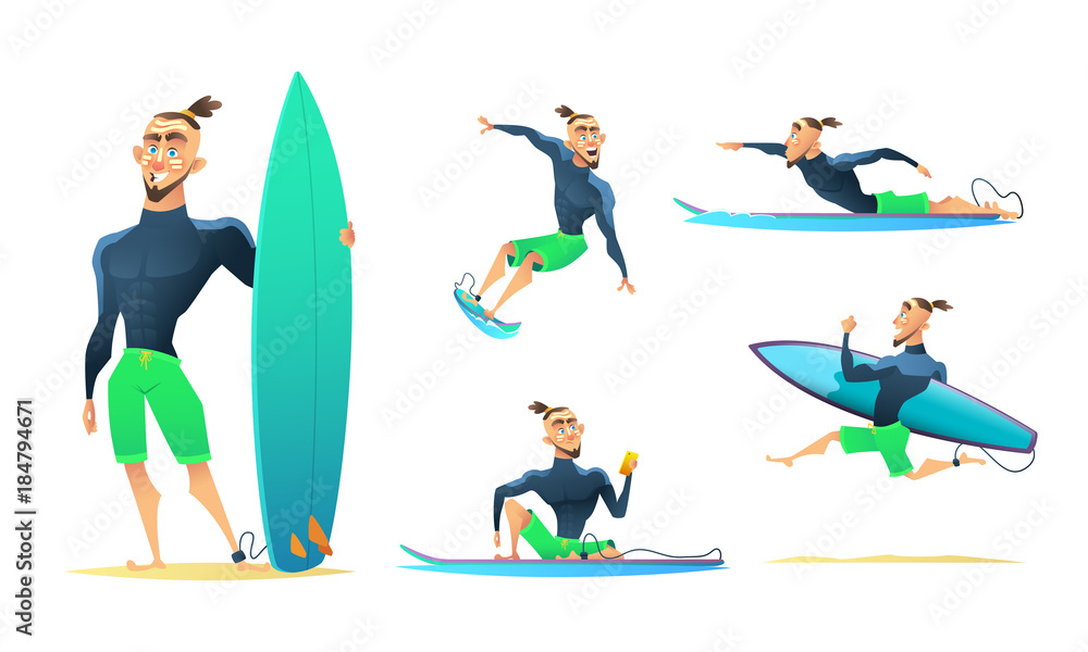 Surfer in different dynamic poses, standing, running, floating, surfing ...