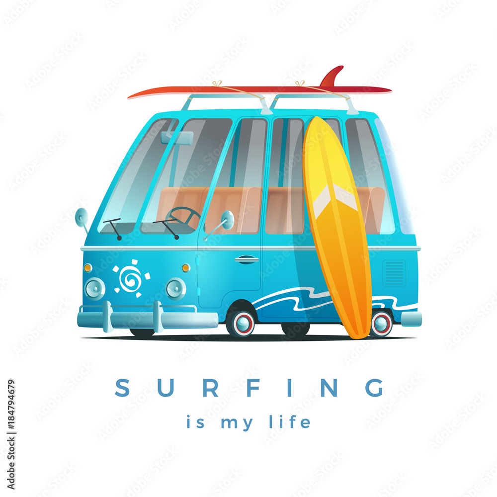 Cartoon design surf van boster. Surfing bus vector illustration ...