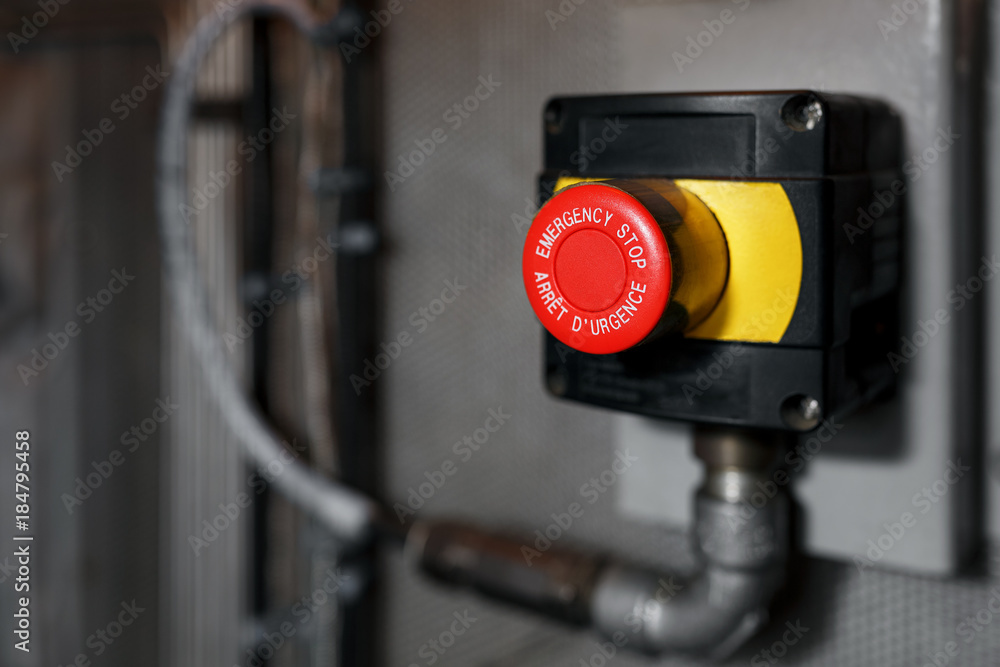 The red emergency button or stop button for Hand press. STOP Button for ...