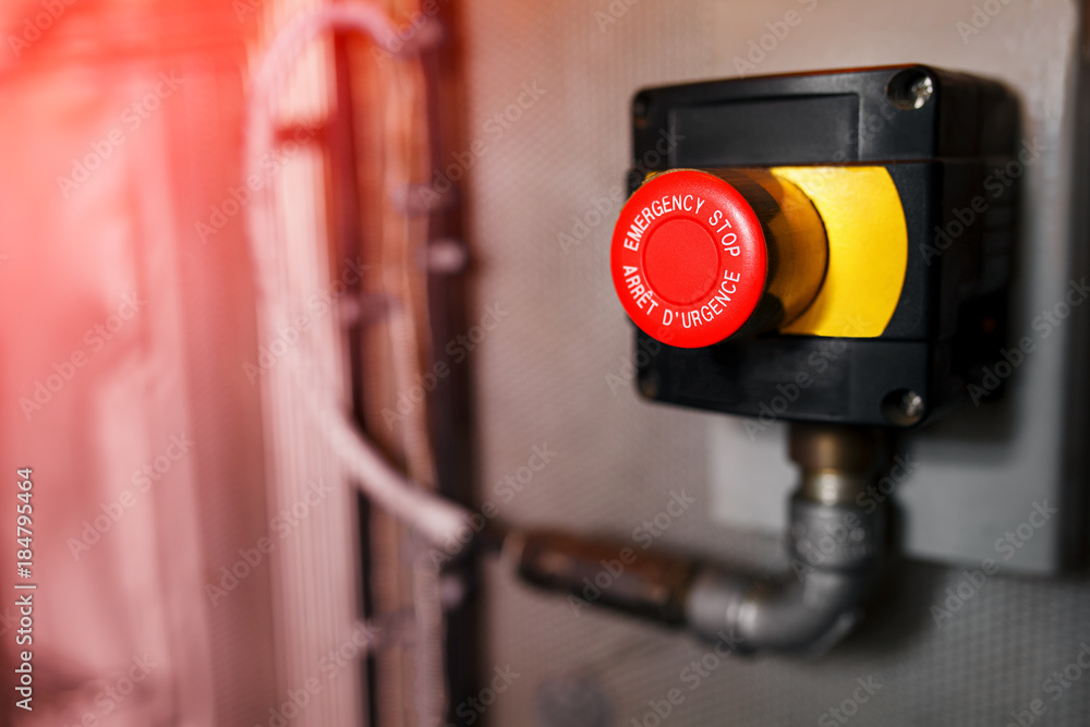 The red emergency button or stop button for Hand press. STOP Button for ...