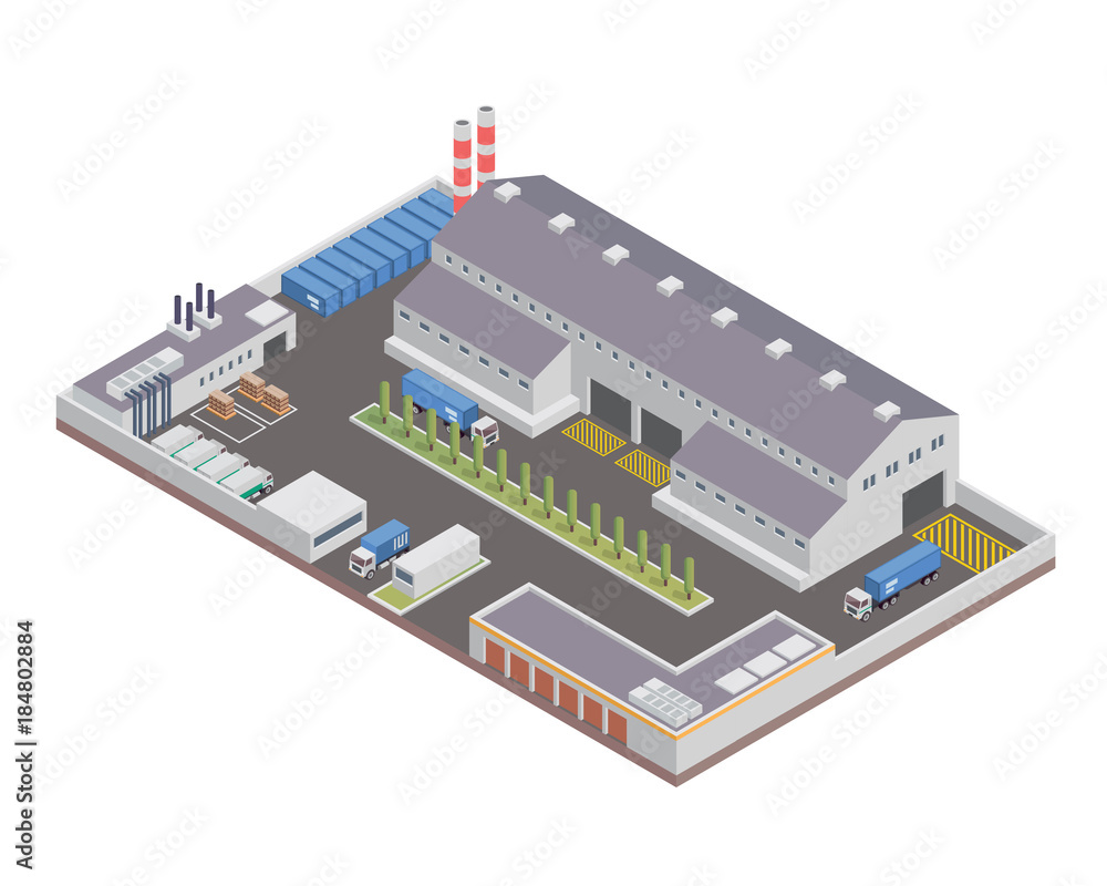 Modern Isometric Industrial Factory and Warehouse Logistic Building ...