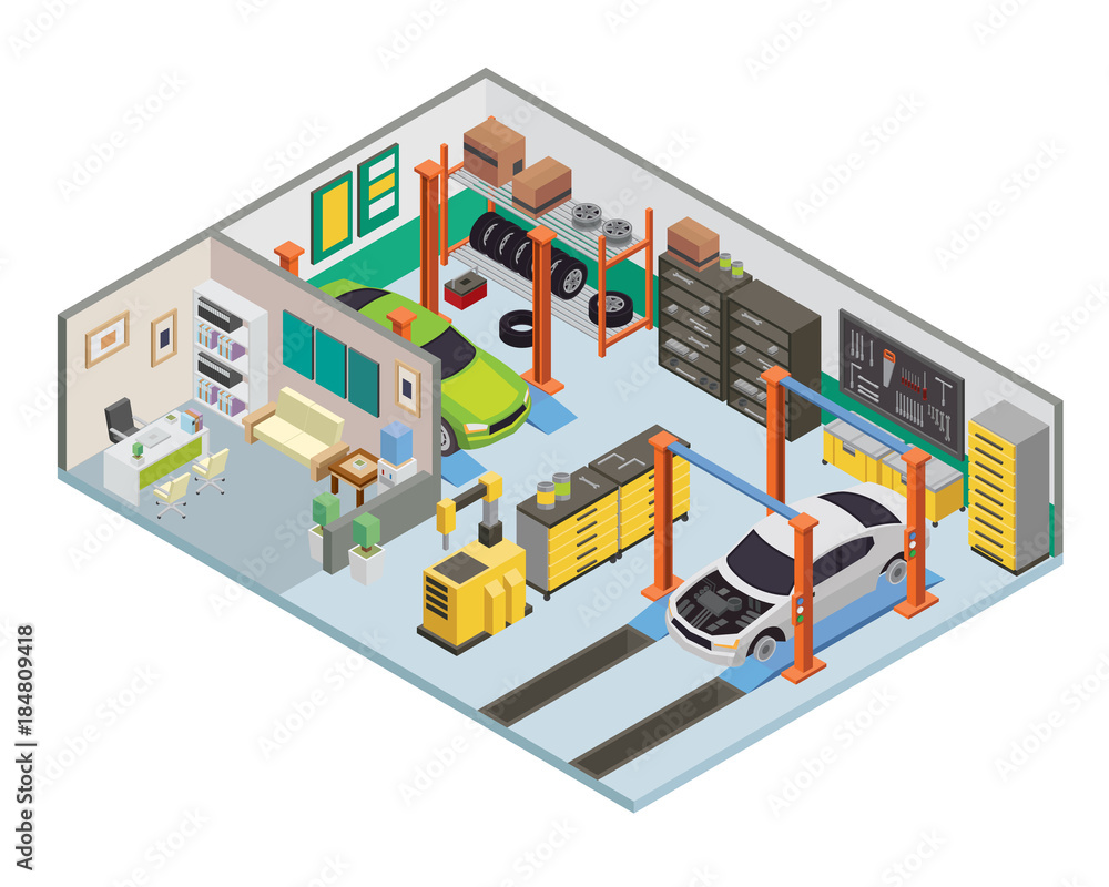 Modern Isometric Car Workshop Garage Interior Design in isometric view ...