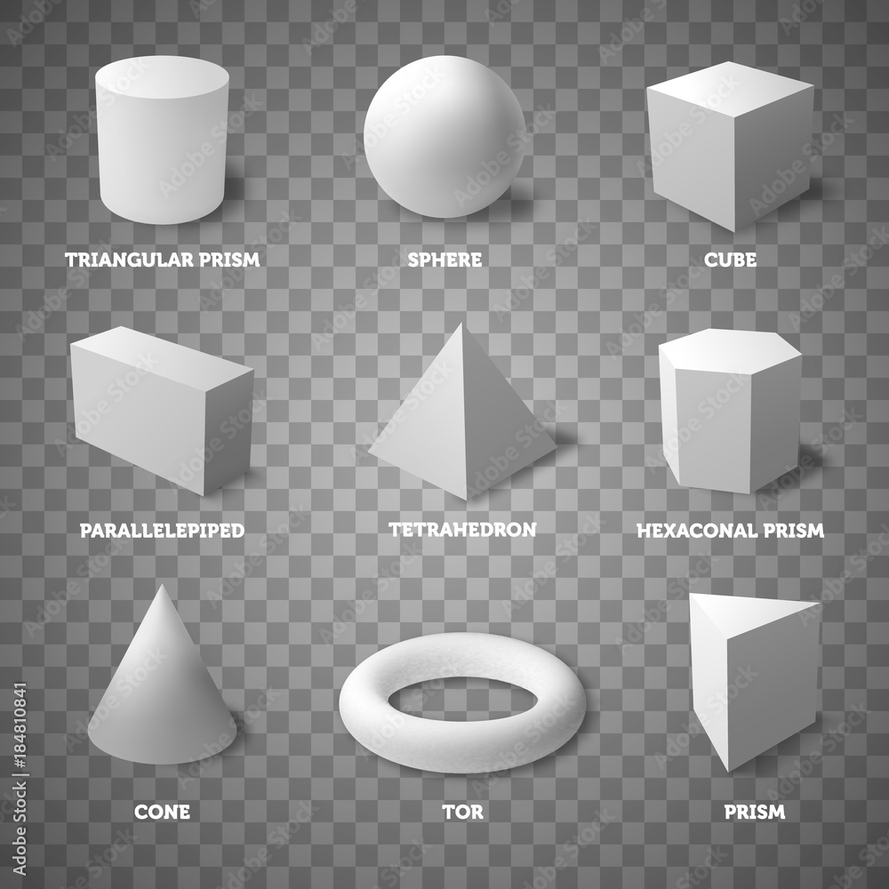 Basic geometric shapes and bodies on transparent background. Solid ...