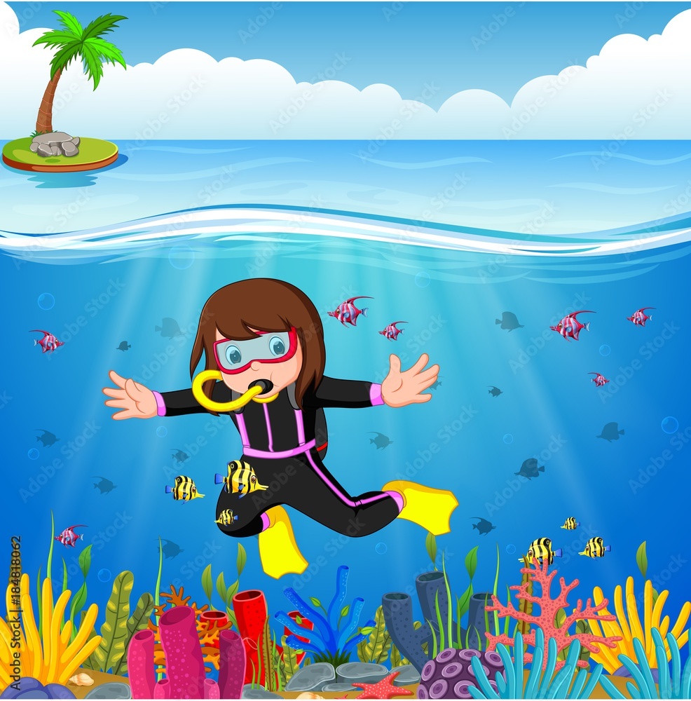 Cartoon girl diving in the sea Stock Vector | Adobe Stock