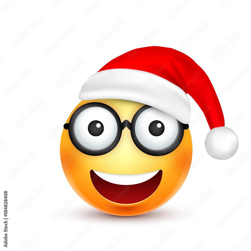 Smiley,emoticon. Yellow emoji, face with emotions and Christmas hat ...