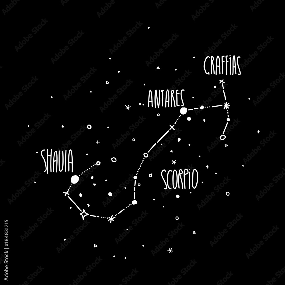Scorpio constellation hand draw illustration. Scorpion stellar map on ...